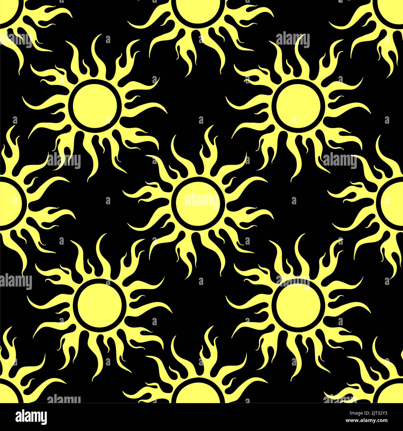 seamless symmetrical graphic pattern of yellow suns on a black ...