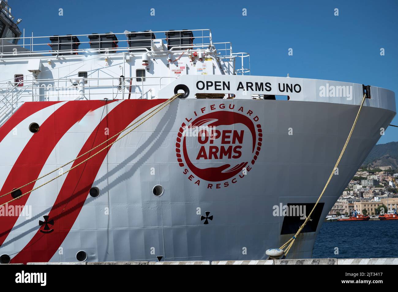 Messina, Italy. 27th Aug, 2022. Open Arms Uno arrives at the port The ...
