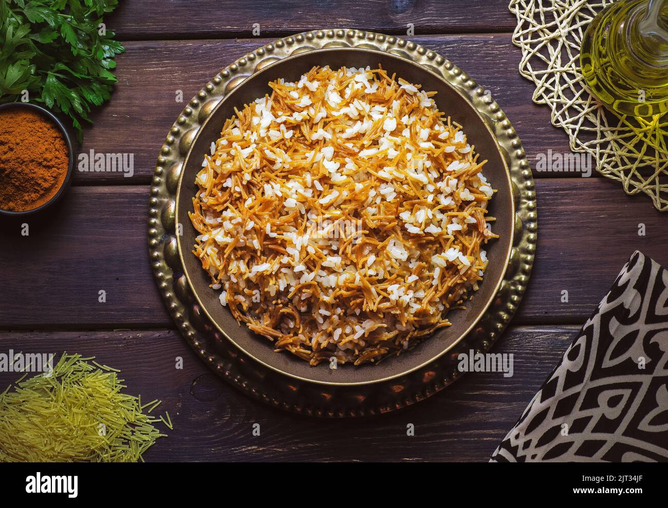 Arabic cuisine; Egyptian oriental dish "Rice with vermicelli" placed on ...