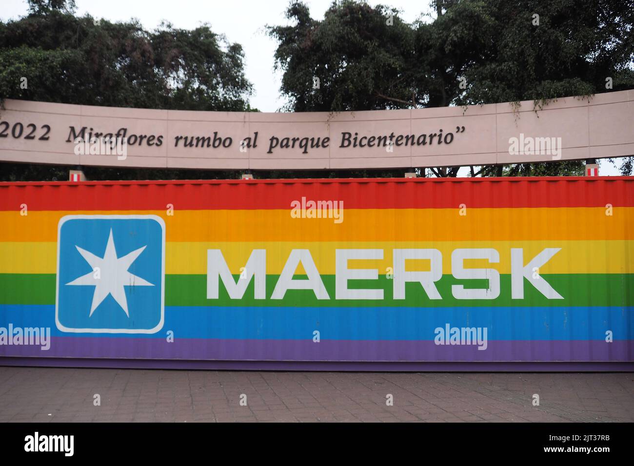 Maersk rainbow container shown at Miraflores district of Lima., The 40 ...