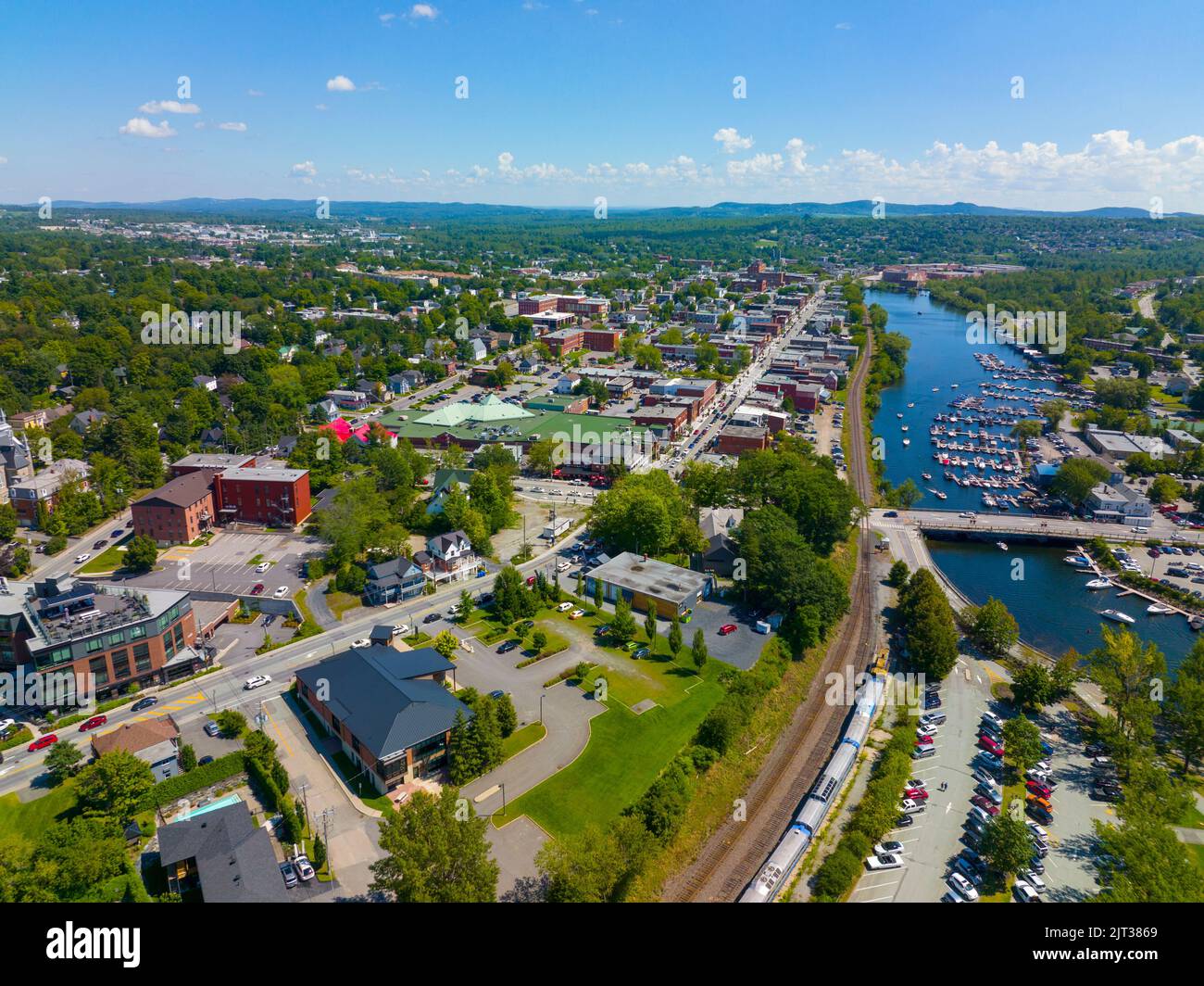 Magog city aerial view at the mouth of Magog River to Lake Memphremagog ...