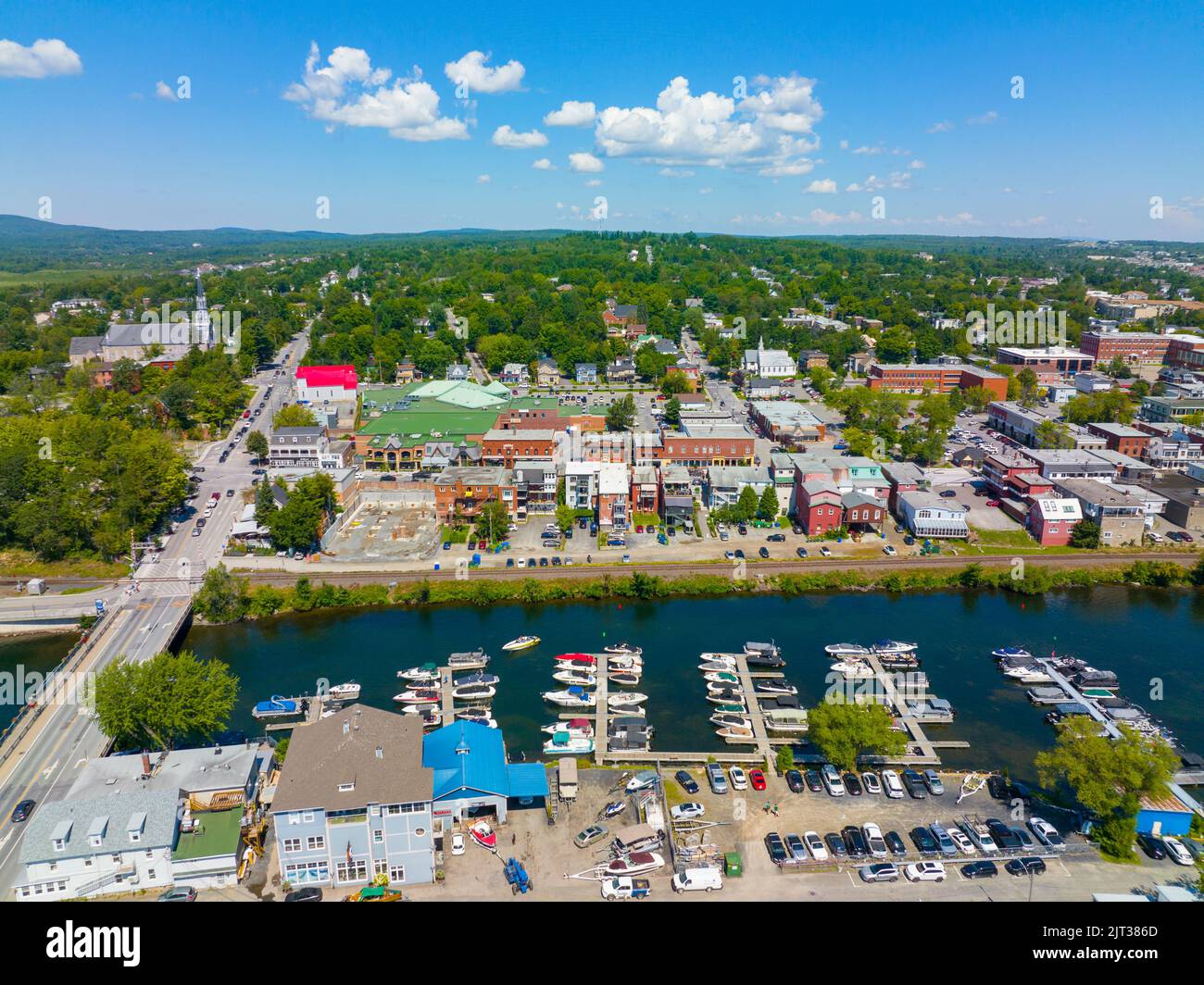 Magog city aerial view at the mouth of Magog River to Lake Memphremagog ...