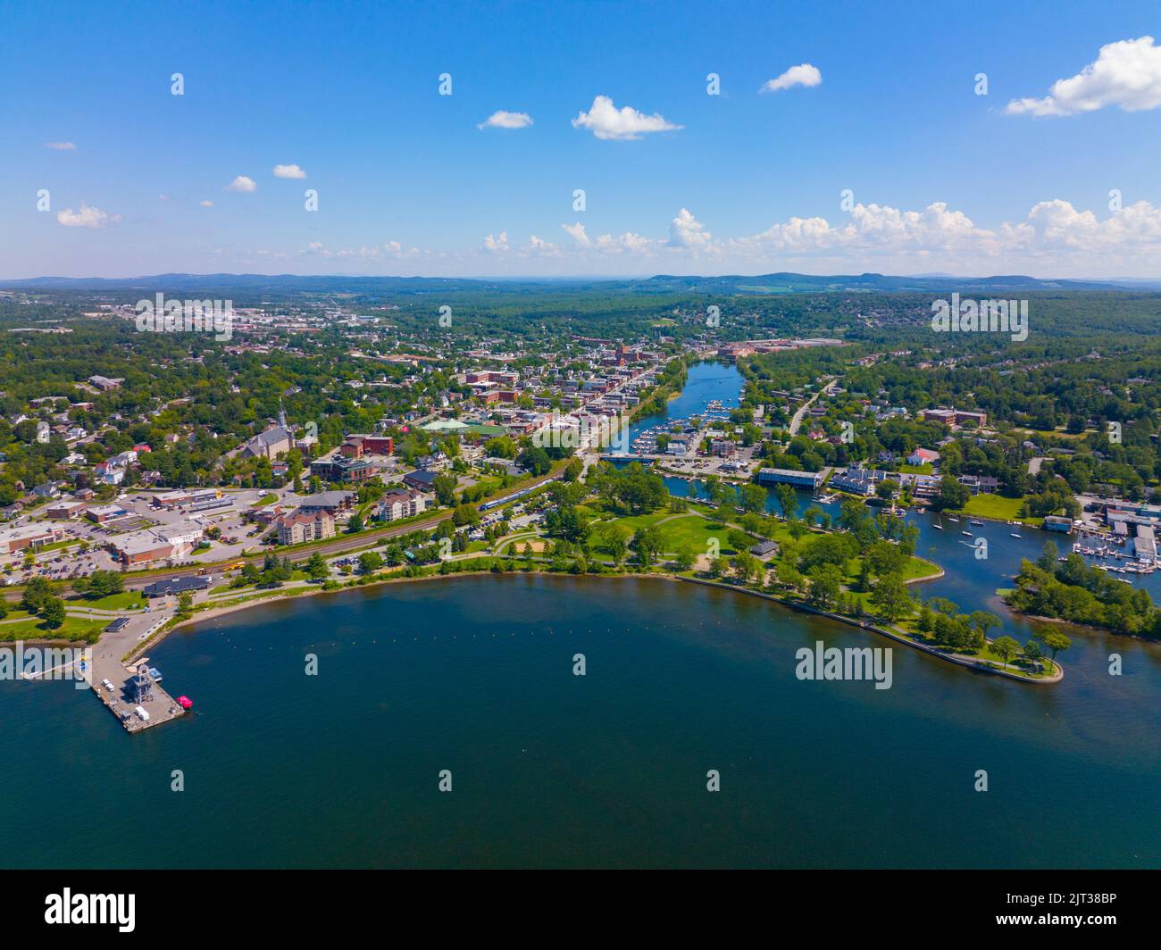 Magog city aerial view at the mouth of Magog River to Lake Memphremagog ...