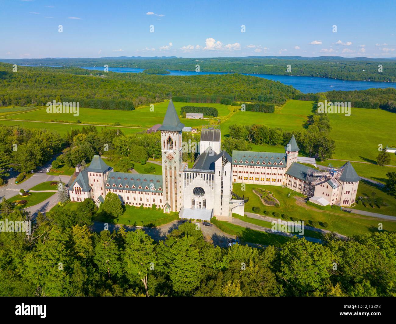 Abbaye de Saint Benoit du Lac aerial view on the Lake Memphremagog in ...