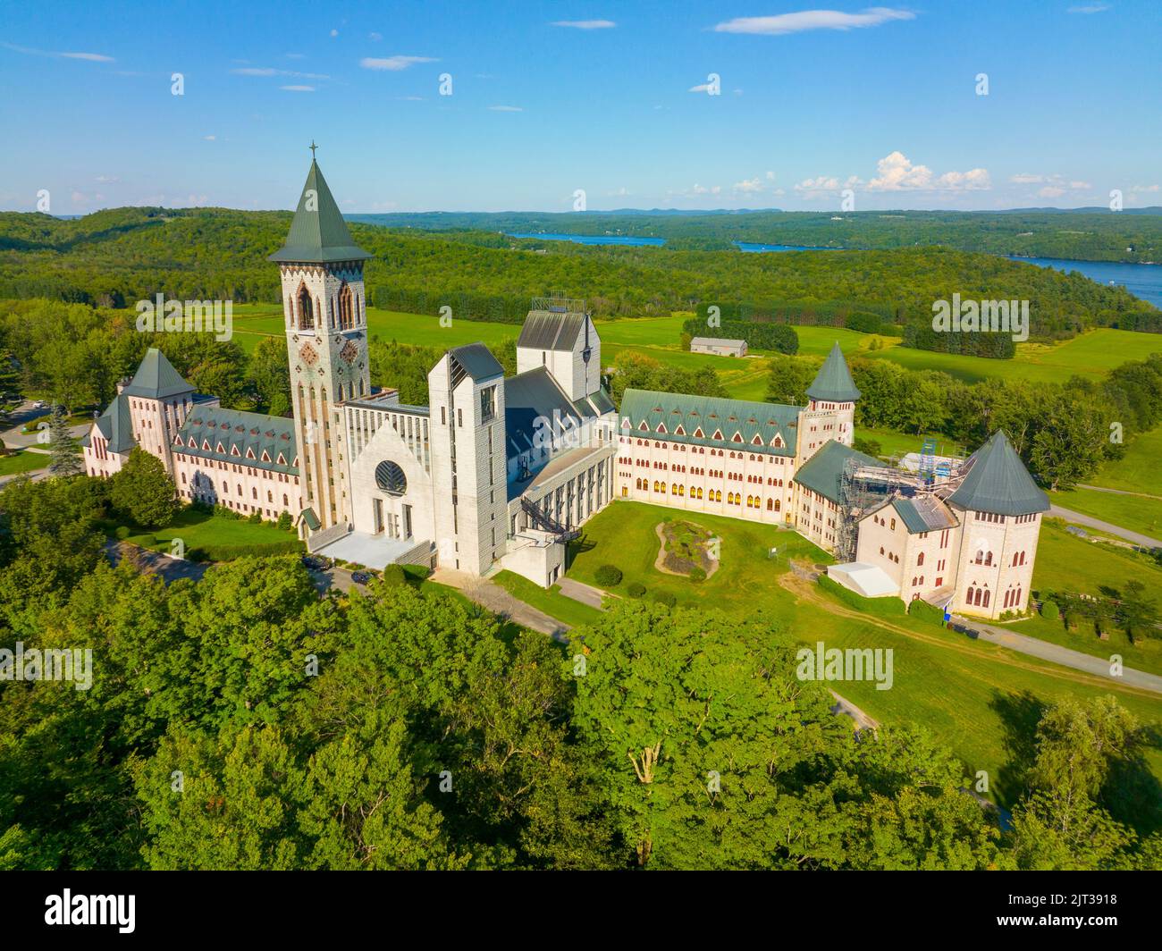 Abbaye de Saint Benoit du Lac aerial view on the Lake Memphremagog in ...