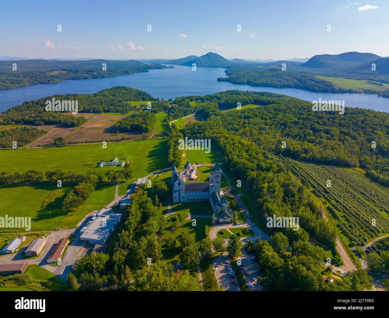 Abbaye de Saint Benoit du Lac aerial view on the Lake Memphremagog in ...