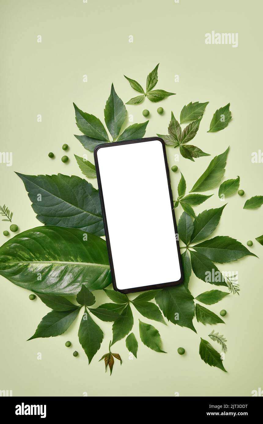 Mobile phone screen template ads with green leaves frame vertical ...