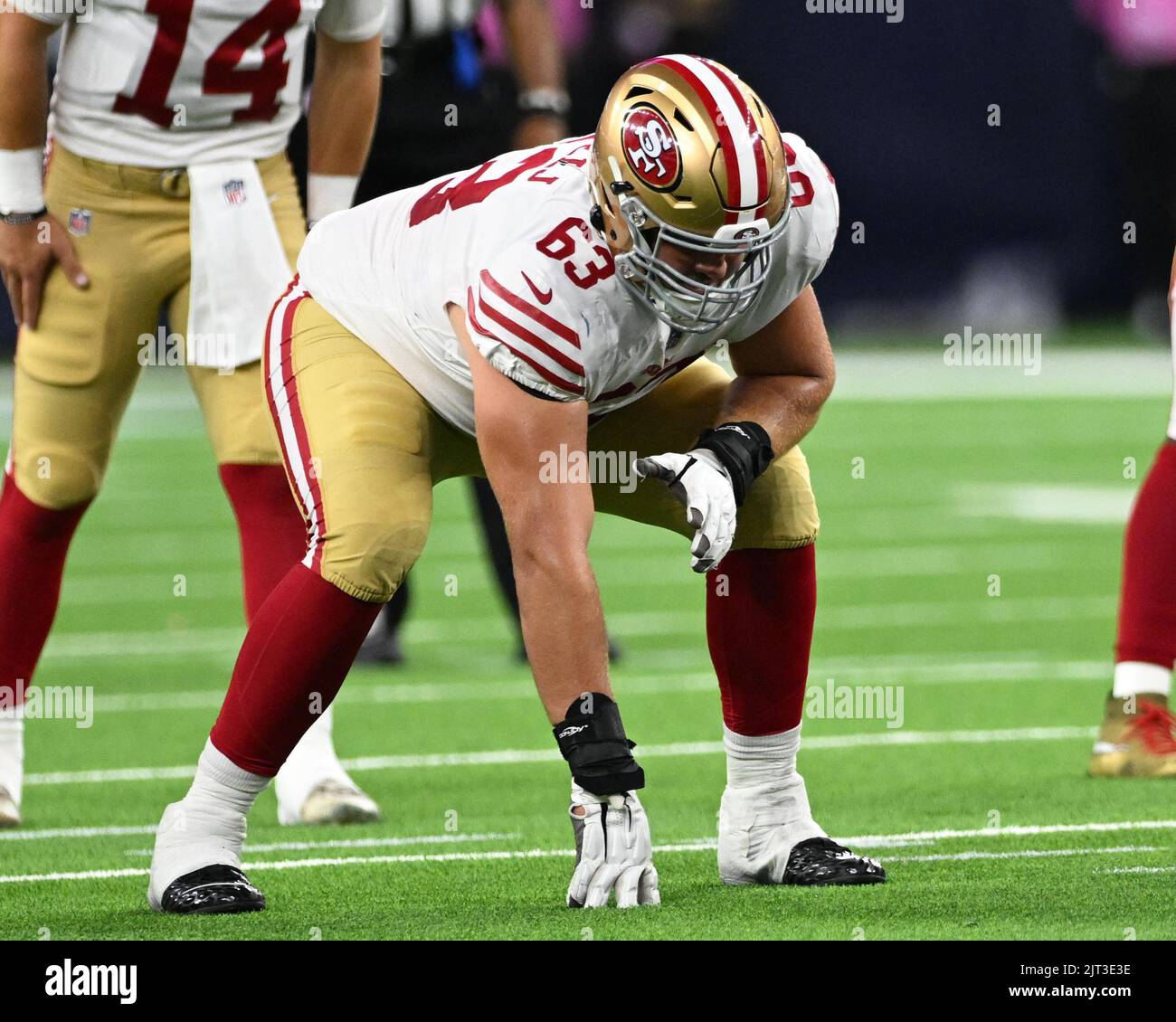 San Francisco 49ers offensive tackle Nick Zakelj (63) gets set for a ...