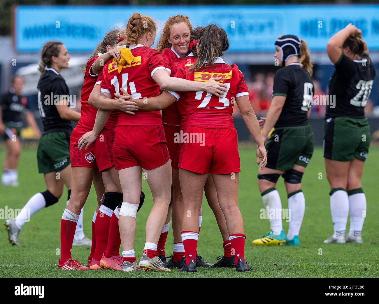 Canadian Senior Women's 15s celebrate after defeating Wales in a rugby ...