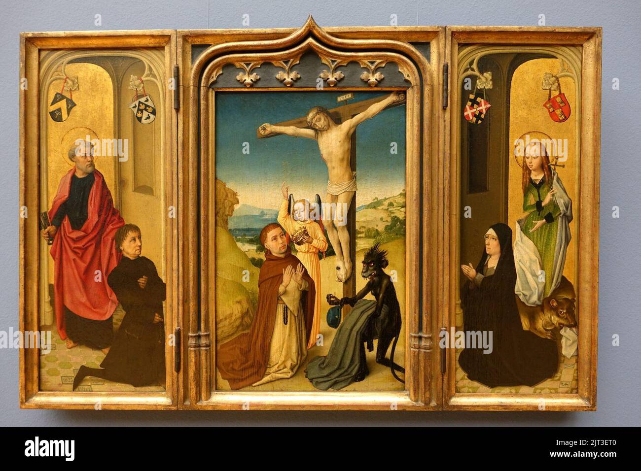 Triptych of Pieter van de Woestijne, view 1, Netherlands, c. 1475, oak Stock Photo - Alamy