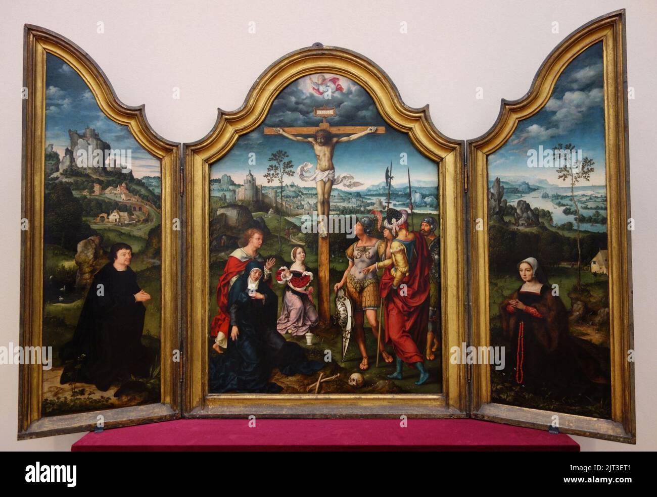 Triptych of The Crucifixion Flanked by the Kneeling Donor and His Wife, by Joos van Cleve, view ...