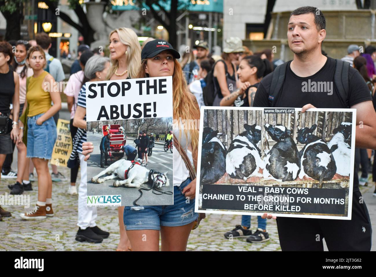 Rally participants holding animal anti-abuse signs in front of the ... Rally participants holding animal anti-abuse signs in front of the ...