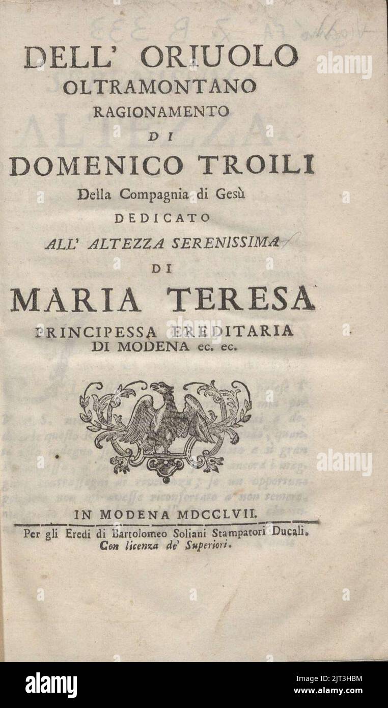 Troili, Domenico – Dell'oriuolo oltramontano, 1757 – BEIC 4740554 Stock ...