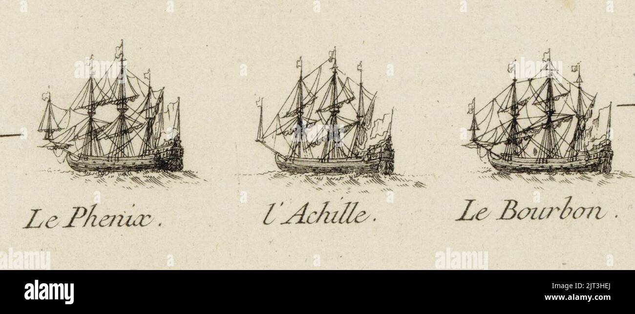 Trois des vaisseaux de La Bourdonnais devant Madras en 1746 Stock Photo ...