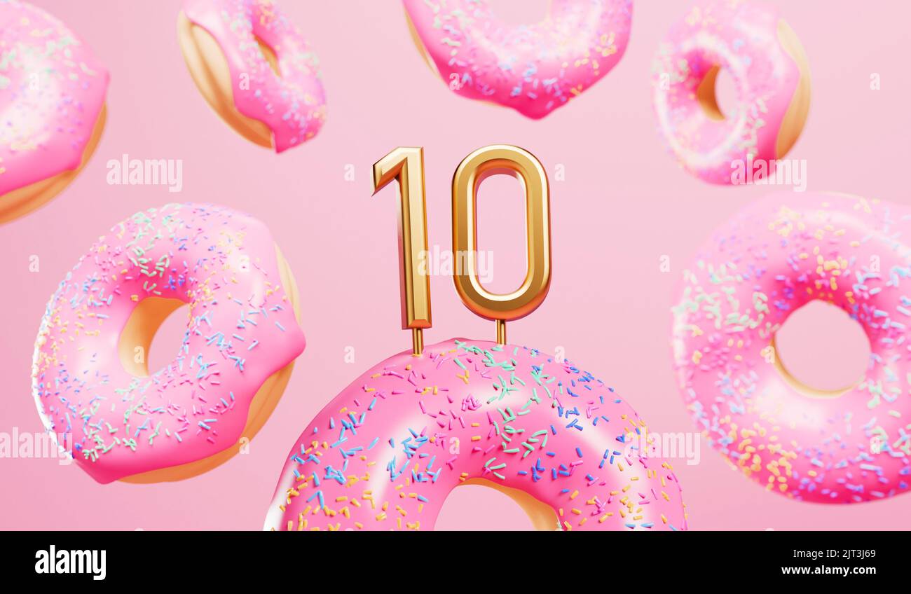 Happy 10th birthday celebration background with pink frosted donuts. 3D ...