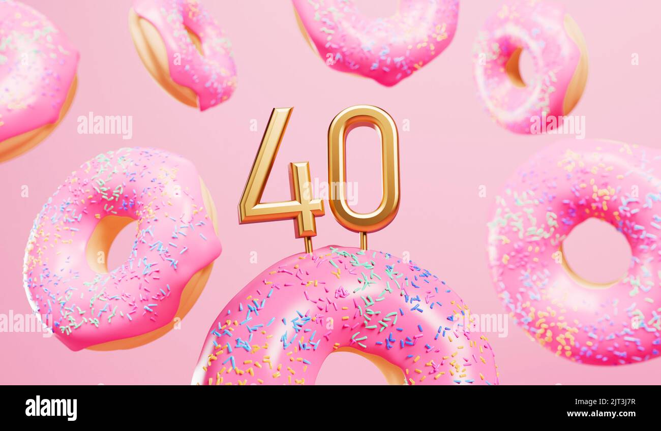 Happy 40th birthday celebration background with pink frosted donuts. 3D ...