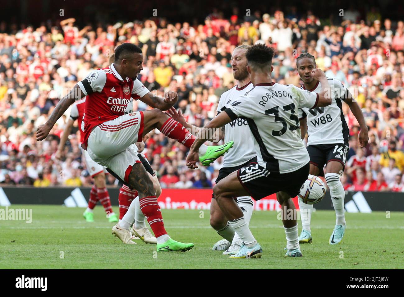 Gabriel Jesus #9 of Arsenal shoots under pressure from the Fulham ...