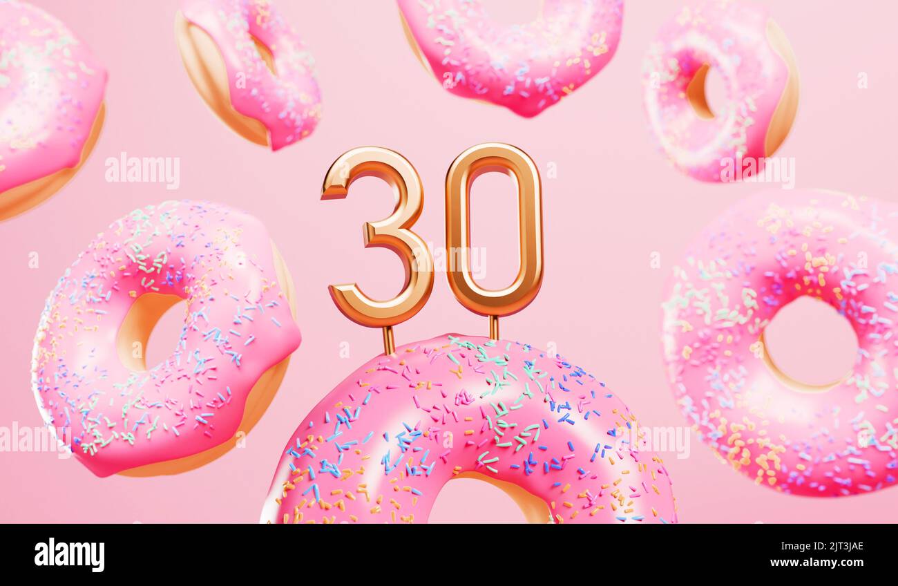 Happy 30th birthday celebration background with pink frosted donuts. 3D ...