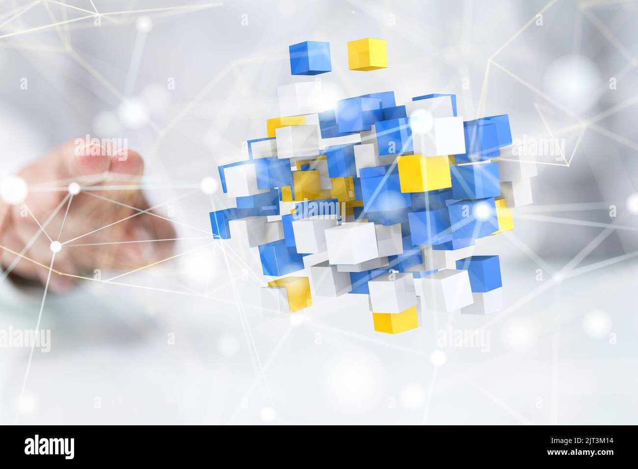 A 3d render of a hand controlling Molecular background with DNA Network ...