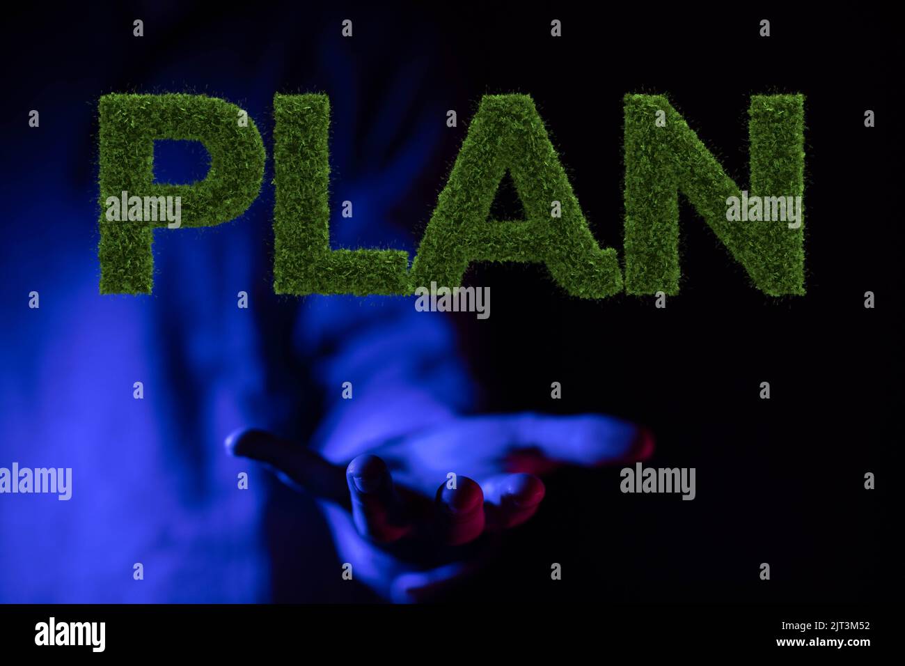 A hand interacting with a word "plan" with greenery nature design Stock ...