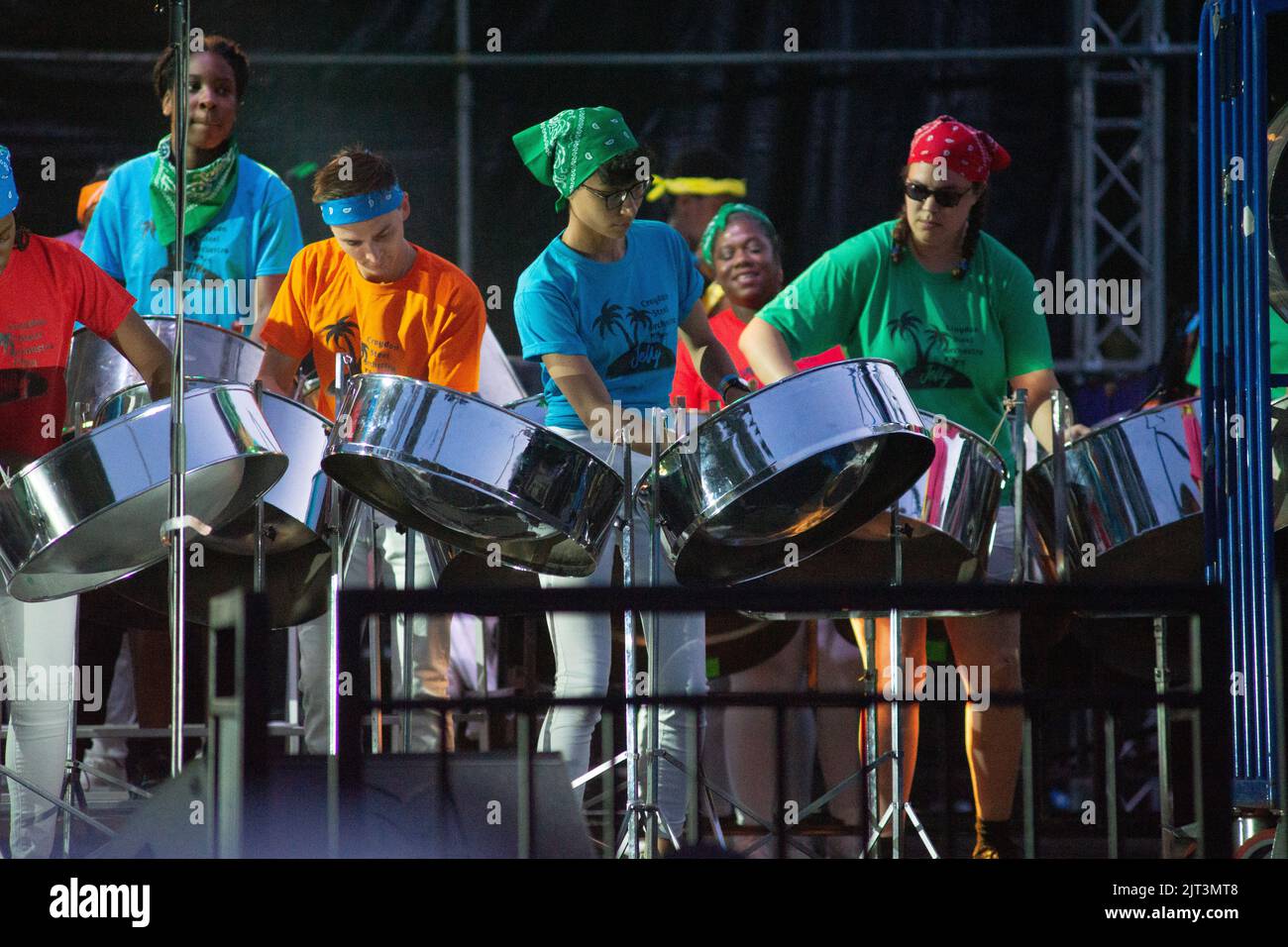 London, UK. 27th Aug, 2022. Panorama of Steeel Pan Orchestras at ...