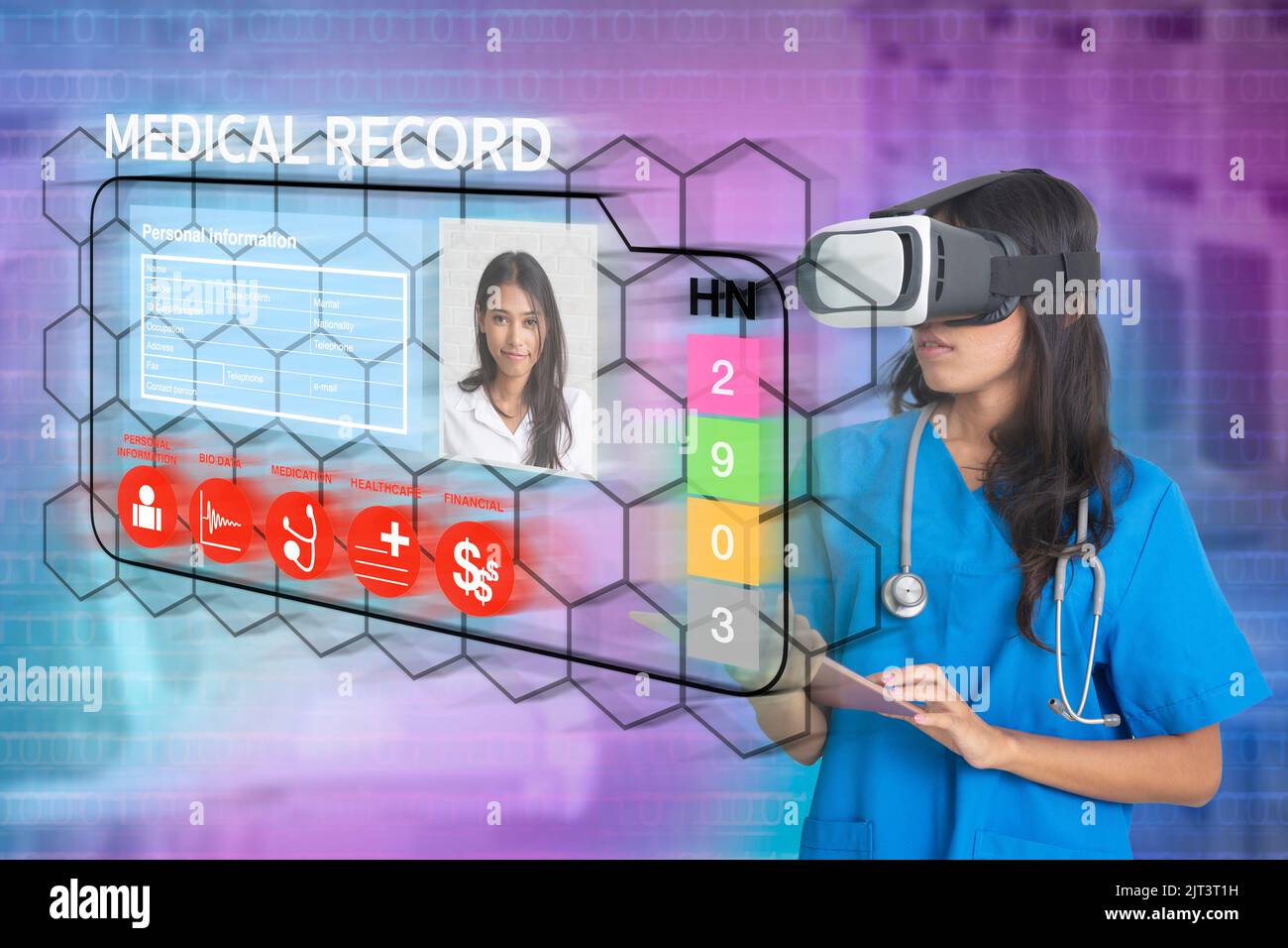 Female doctor wearing 3D virtual reality glasses working on virtual ...