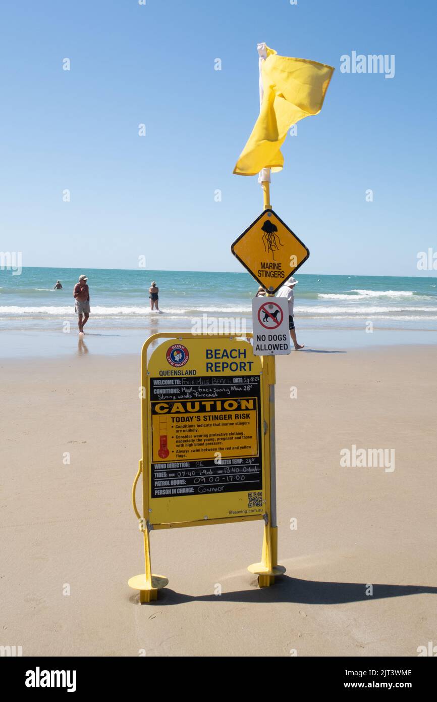 Australian lifeguard signs and red and yellow flags at Four Mile Beach ...