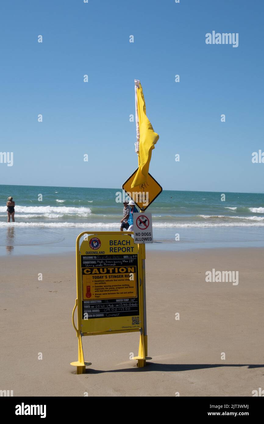 Australian lifeguard signs and red and yellow flags at Four Mile Beach ...