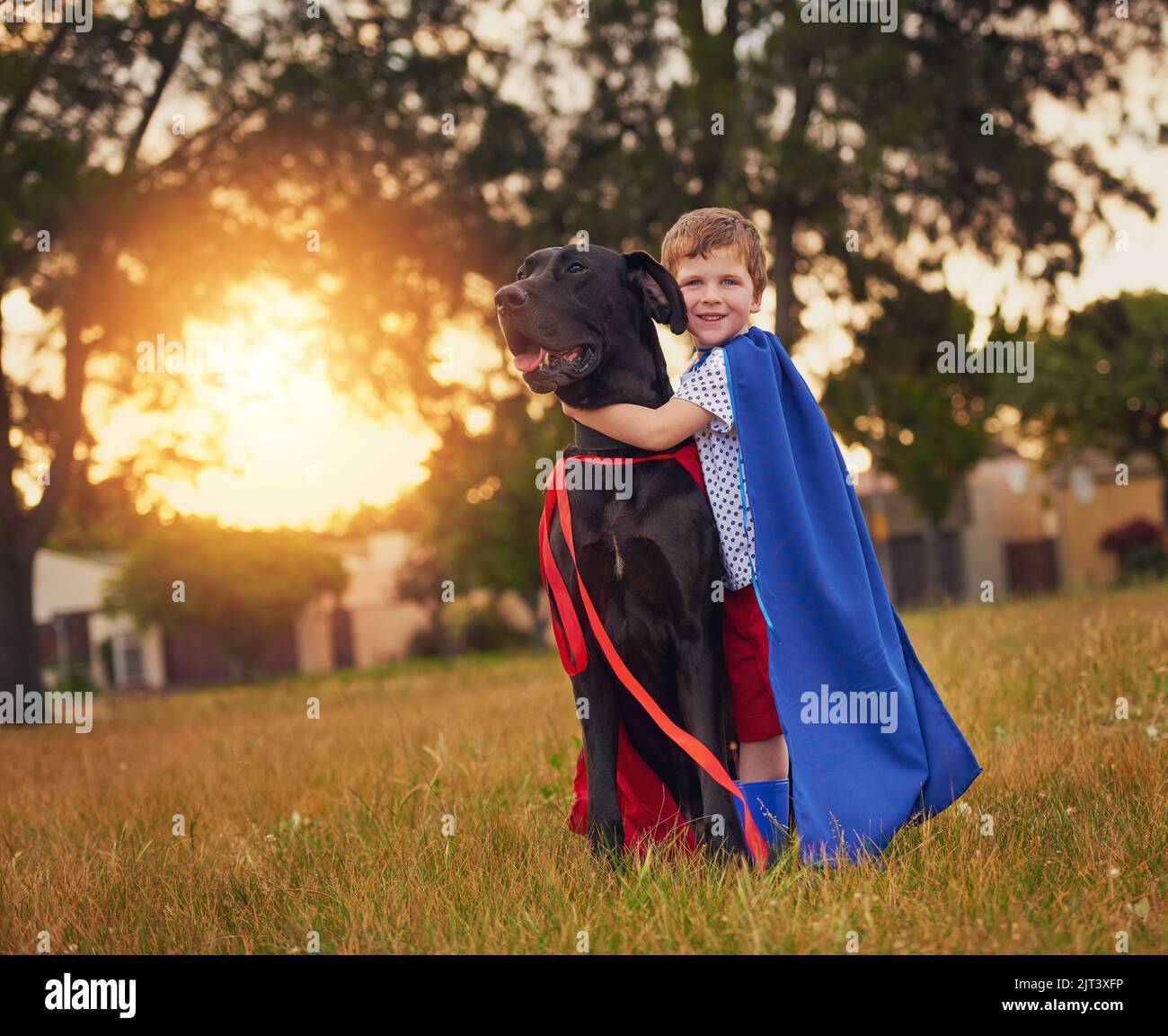 Theres a superhero in all of us. a little boy and his dog wearing capes ...