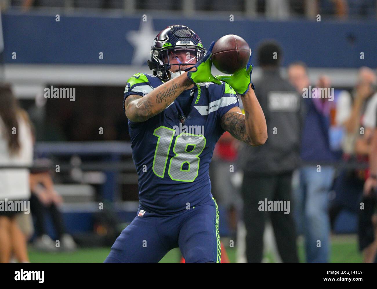 August 26 2022: Seattle Seahawks wide receiver Freddie Swain (18) warms ...