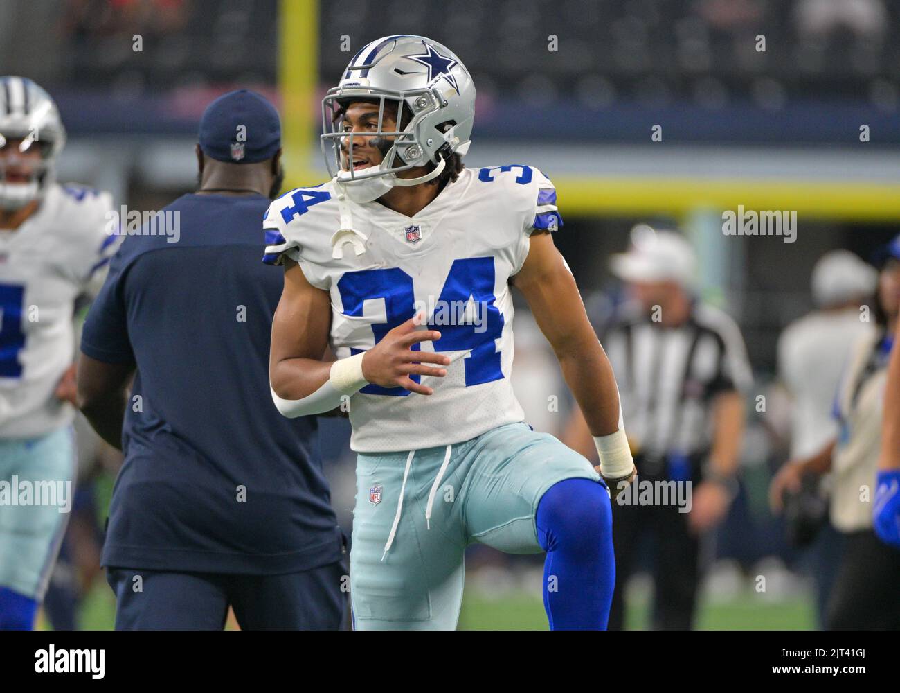 August 26 2022: Dallas Cowboys running back Malik Davis (34) warms up ...