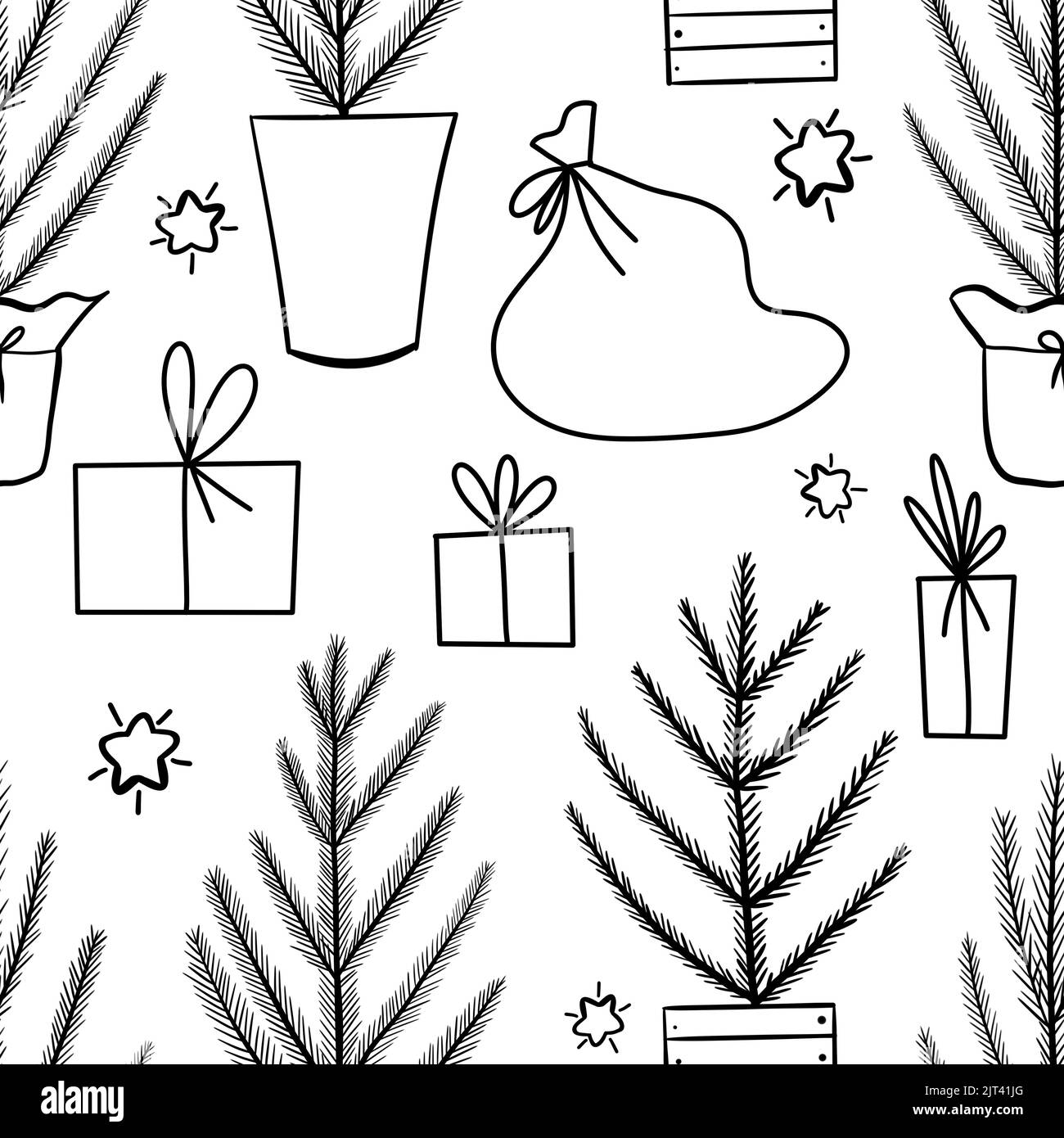 Hand drawn black and white seamless pattern with Christmas winter trees ...