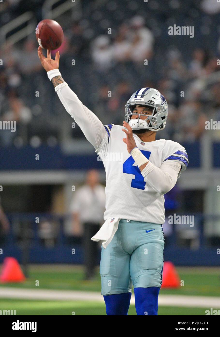August 26 2022: Dallas Cowboys quarterback Dak Prescott (4) warms up ...