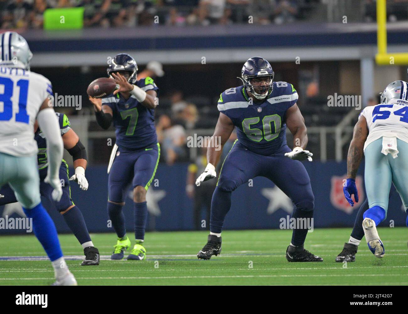 August 26 2022: Seattle Seahawks guard Phil Haynes (60) pass blocks ...