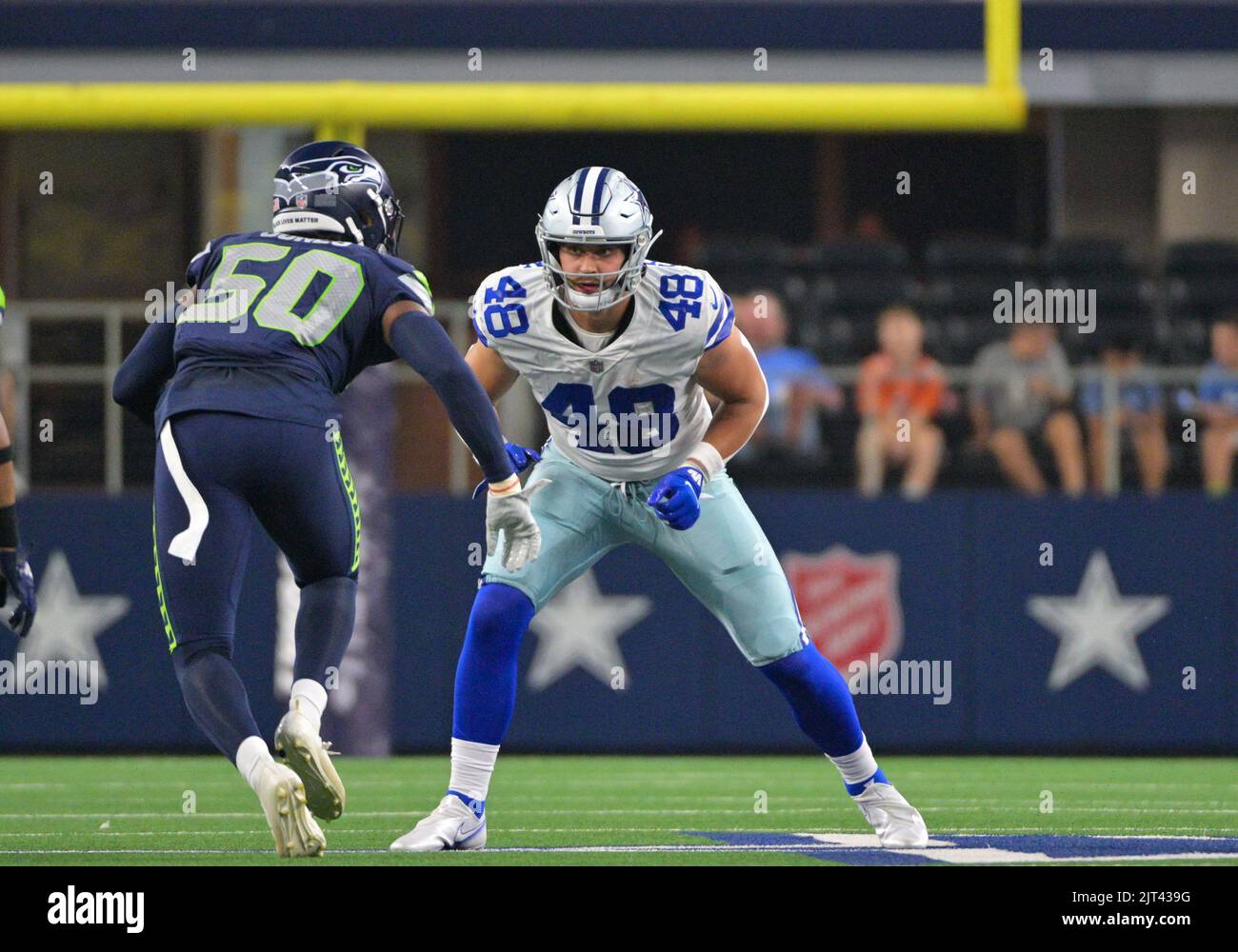 August 26 2022: Dallas Cowboys tight end Jake Ferguson (48) goes to ...