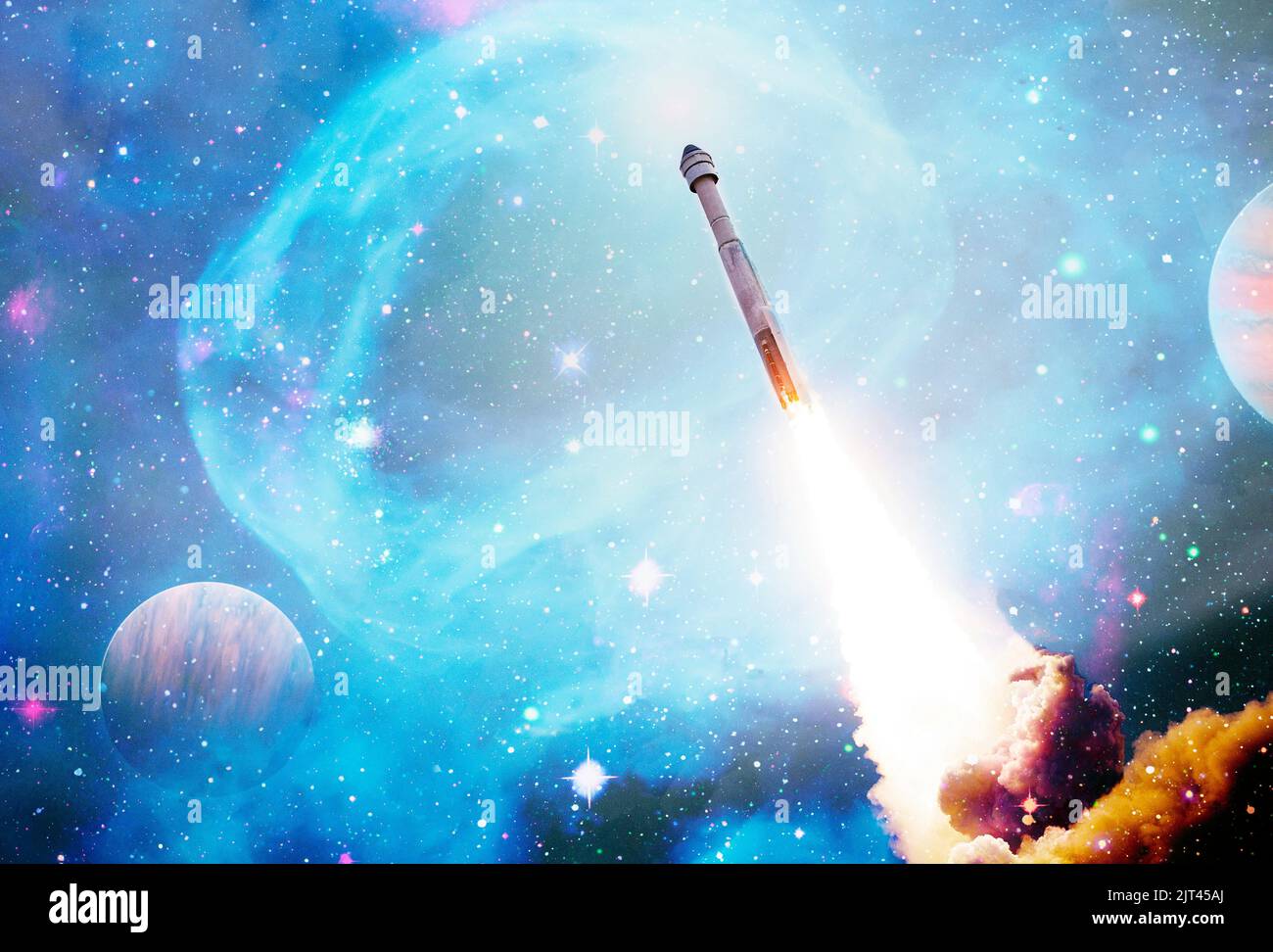 Space shuttle launch , Space with stars on background. Sky and clouds ...