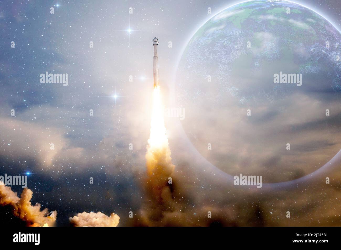 Spaceship takes off into the starry sky. Launch of Space . Elements of ...