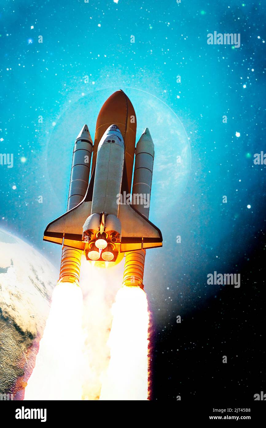 Space shuttle launch , Space with stars on background. Sky and clouds. Spaceship flight ...