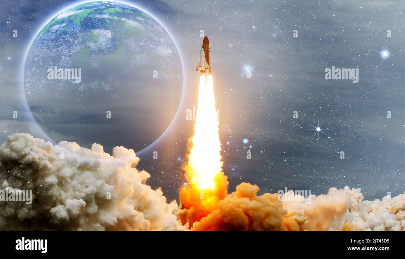 Spaceship flight. Starry sky and blue galactics. View on space shuttle ...