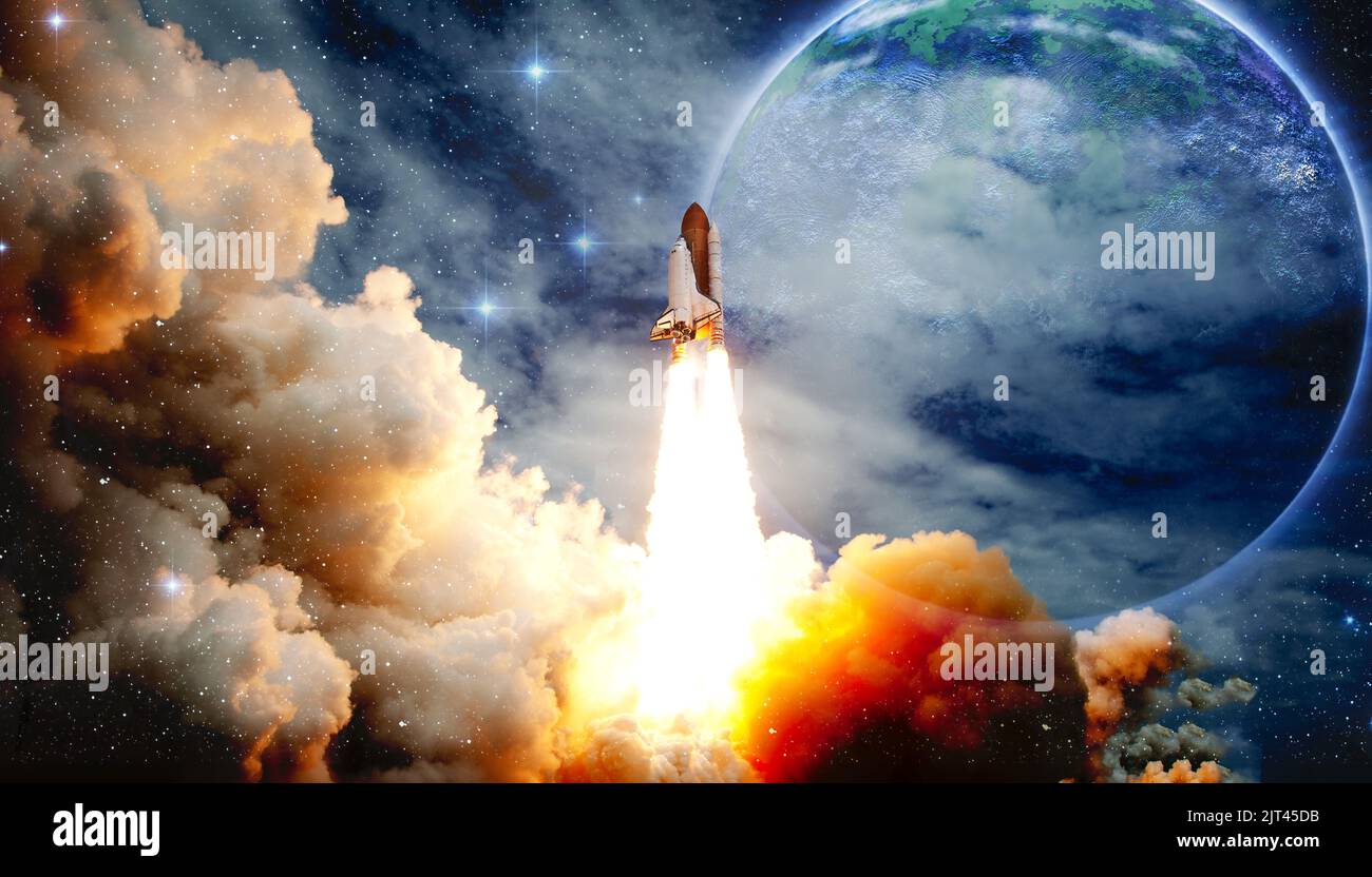 Spaceship flight. Starry sky and blue galactics. View on space shuttle ...