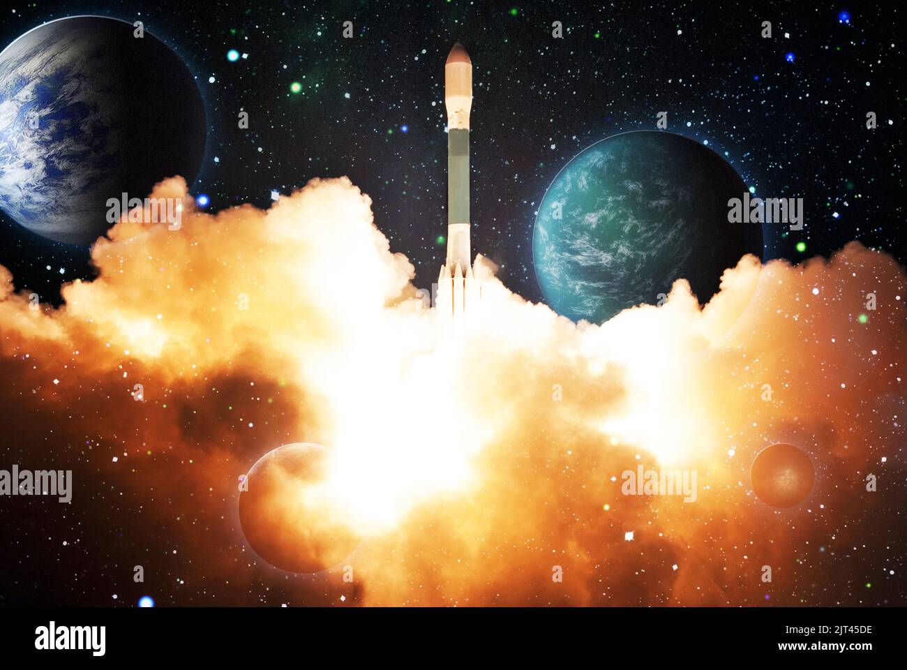 Spaceship flight. Starry sky and blue galactics. View on space shuttle ...