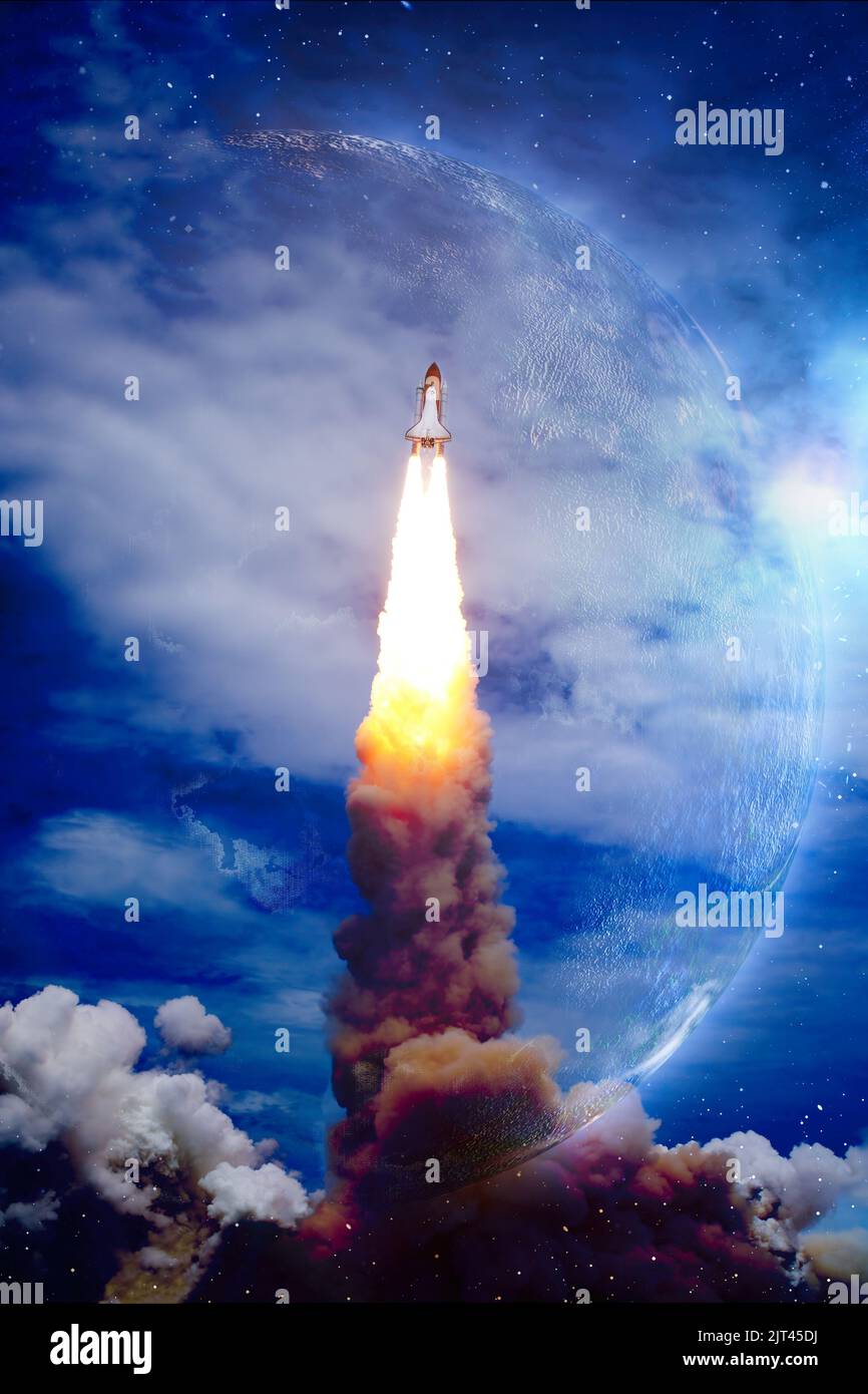 Spaceship flight. Starry sky and blue galactics. View on space shuttle ...