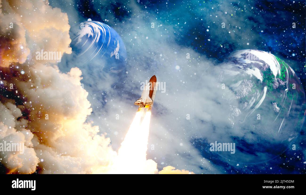 Spaceship flight. Starry sky and blue galactics. View on space shuttle ...