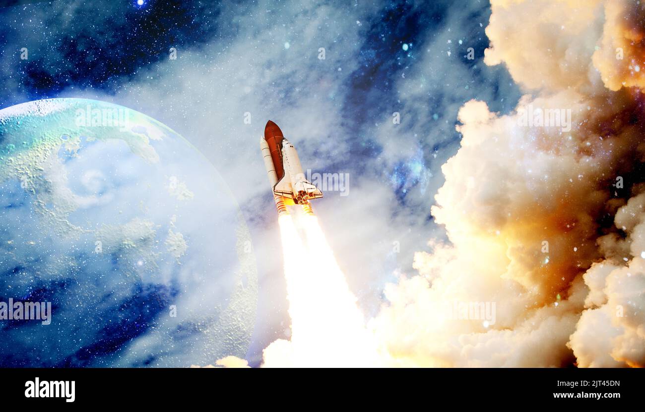 Spaceship flight. Starry sky and blue galactics. View on space shuttle ...
