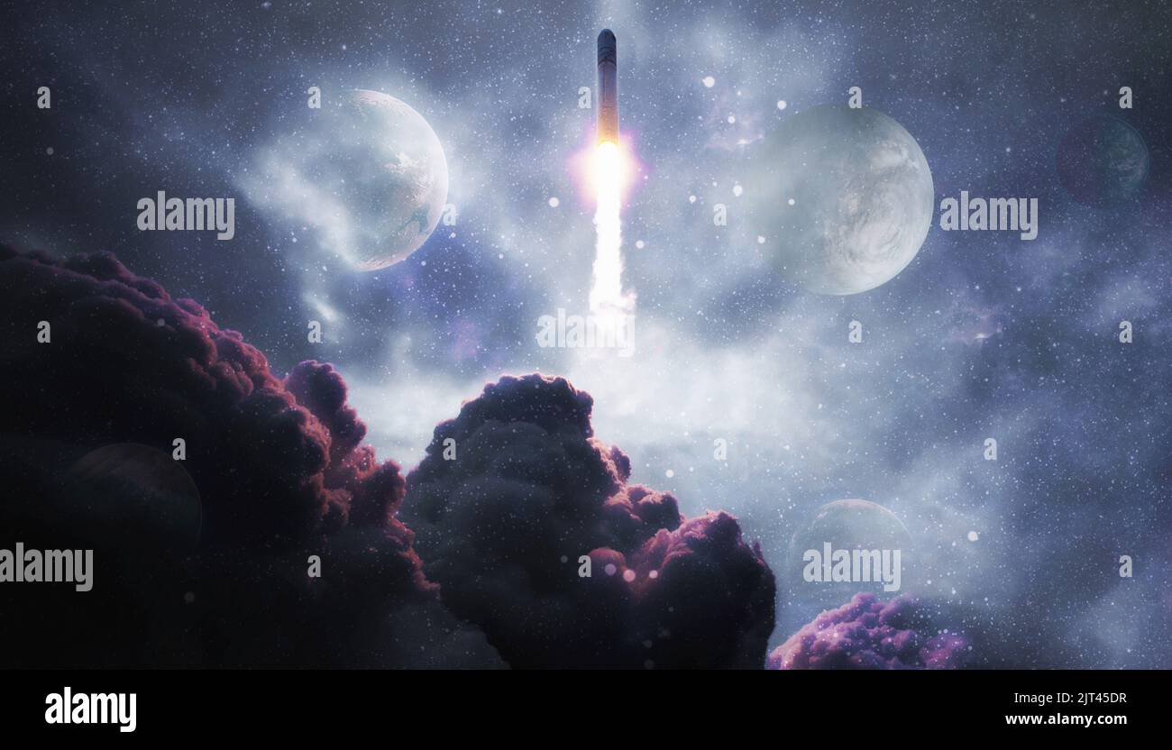 Spaceship takes off into the starry sky. Launch of Space . Elements of ...