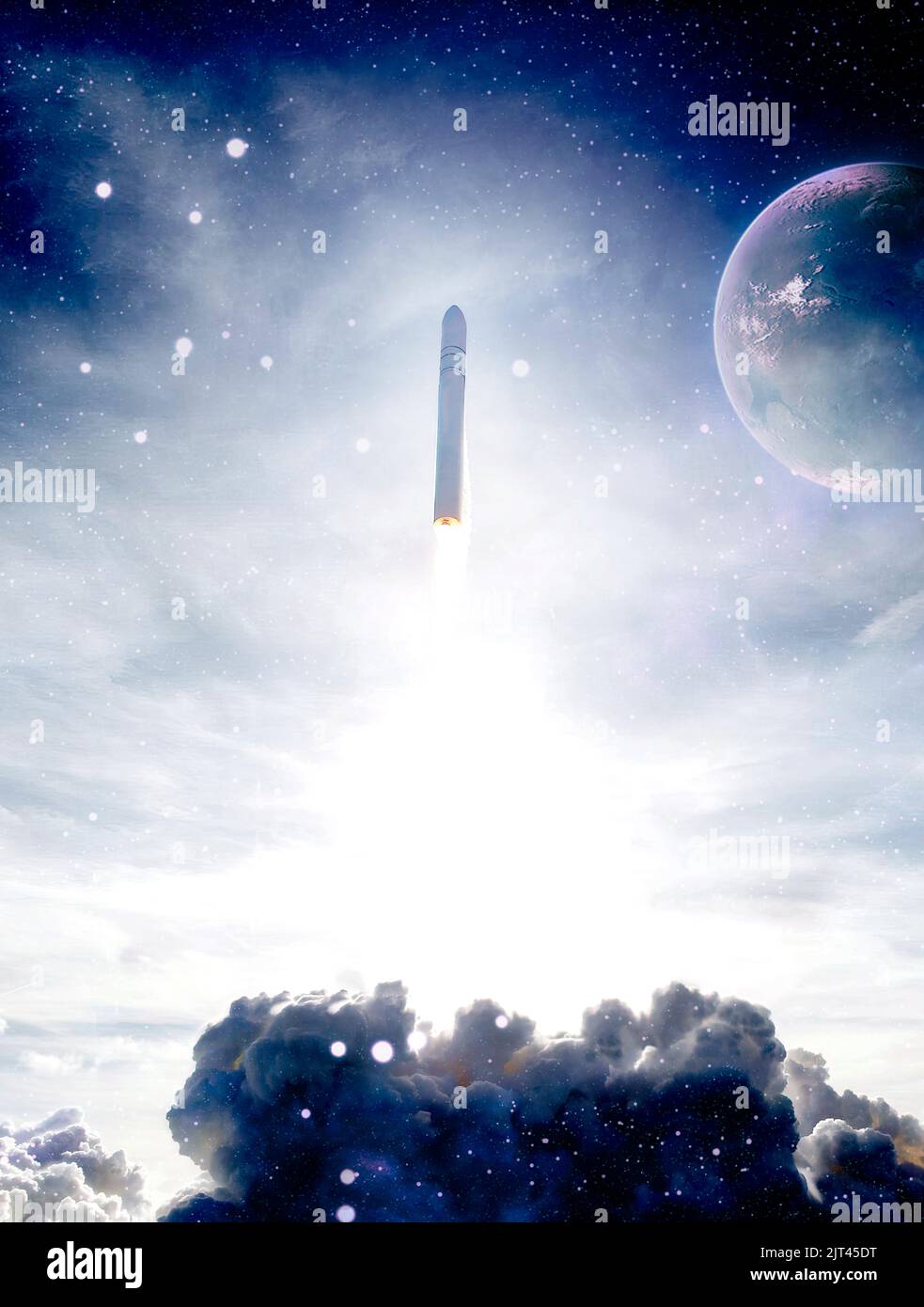 Spaceship flight. Starry sky and blue galactics. View on space shuttle ...