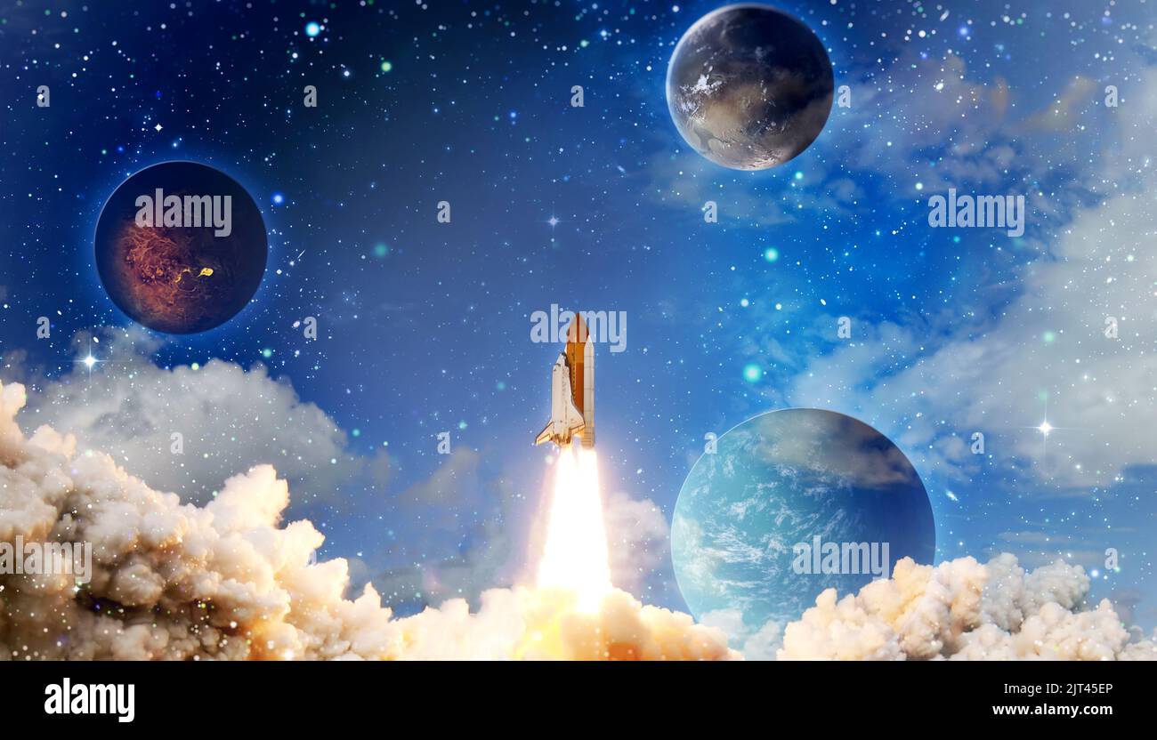 Launched rocket in flight, night starry sky background. Rocket starts ...