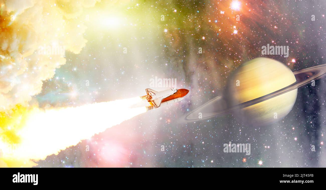 Launched rocket in flight, night starry sky background. Rocket starts ...