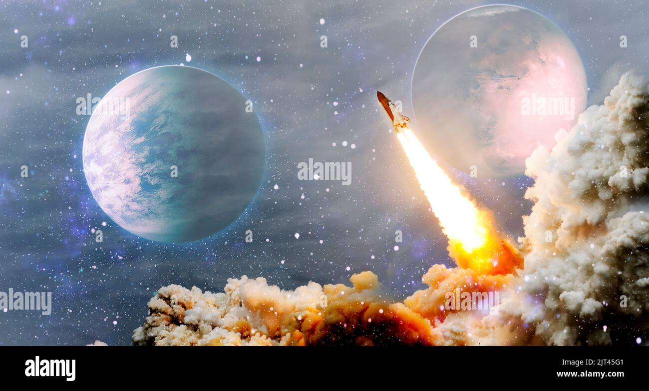 Space shuttle rockets launch into space on the starry sky. spacecraft ...