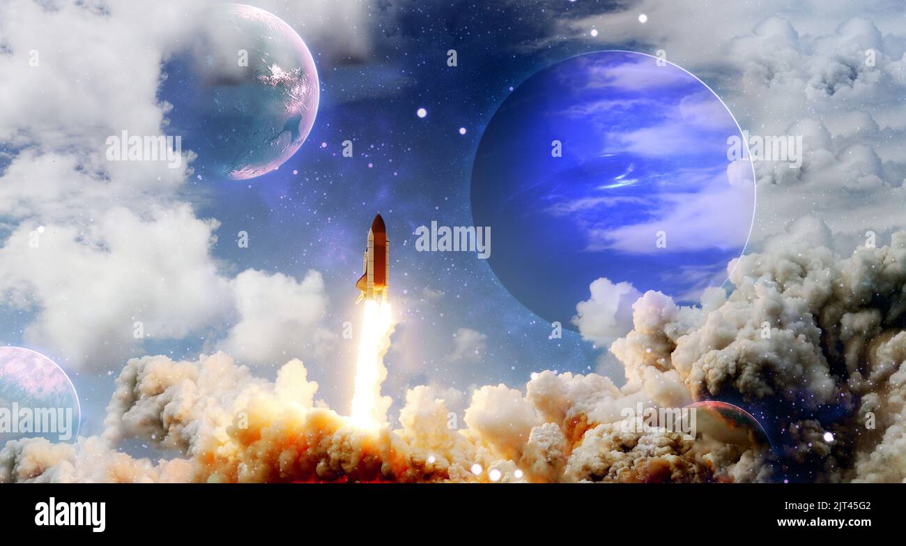 Space shuttle rockets launch into space on the starry sky. spacecraft ...